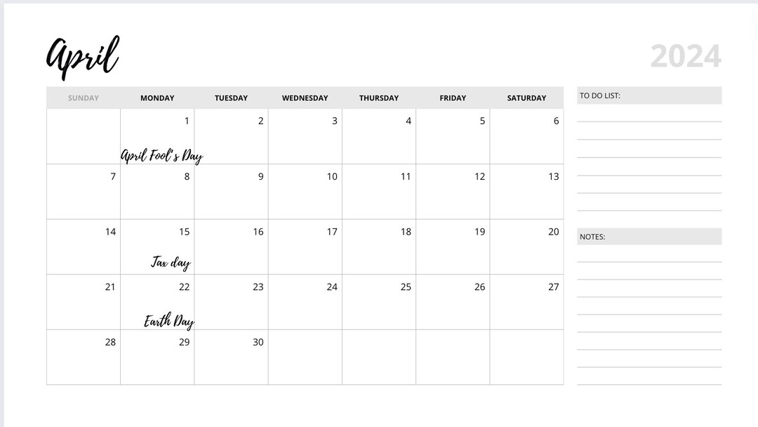 April 2024 Simple Calendar With Holidays - Etsy