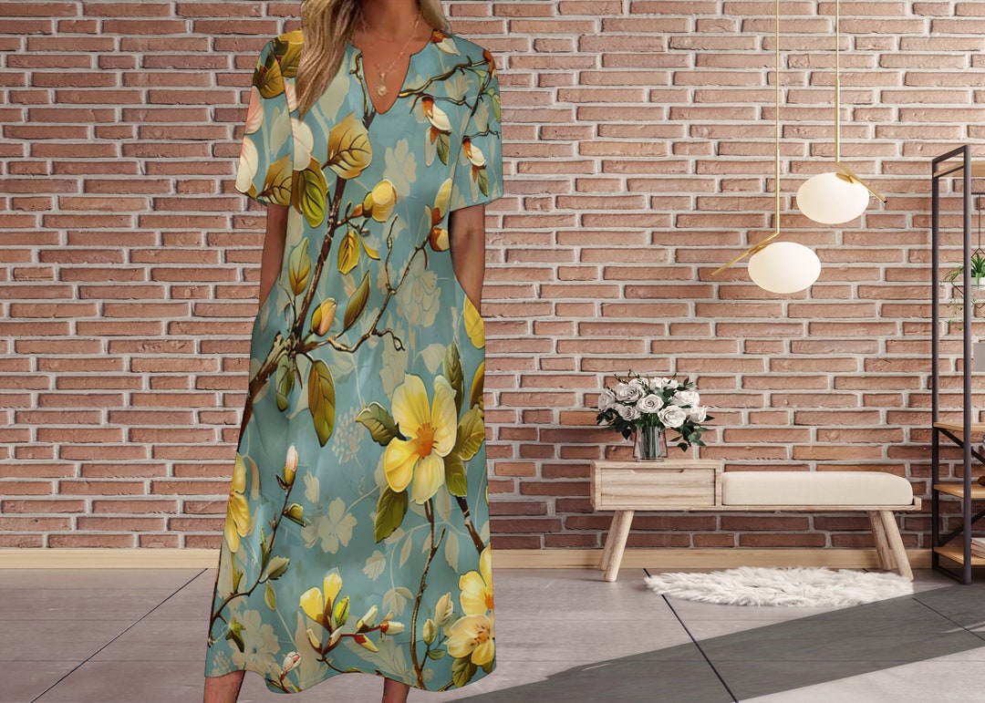 Beautiful Spring Flower Pattern Sleeve Long Dress, V-neck Dress ...