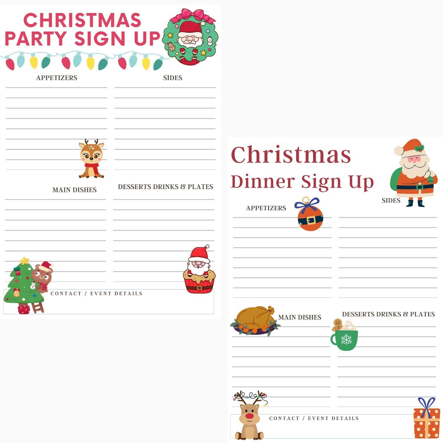 Printable Christmas Potluck Dinner and Party Sign up Sheet Pdfs - Etsy