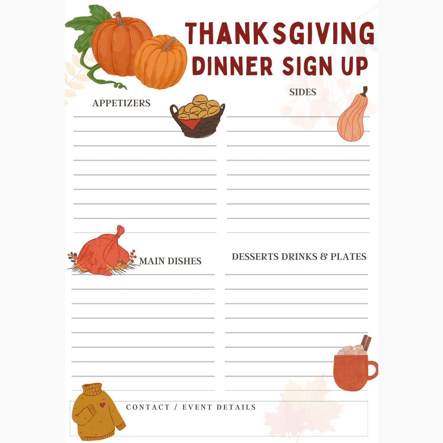 Printable Thanksgiving Potluck Sign up Sheet, Thanksgiving Dinner ...