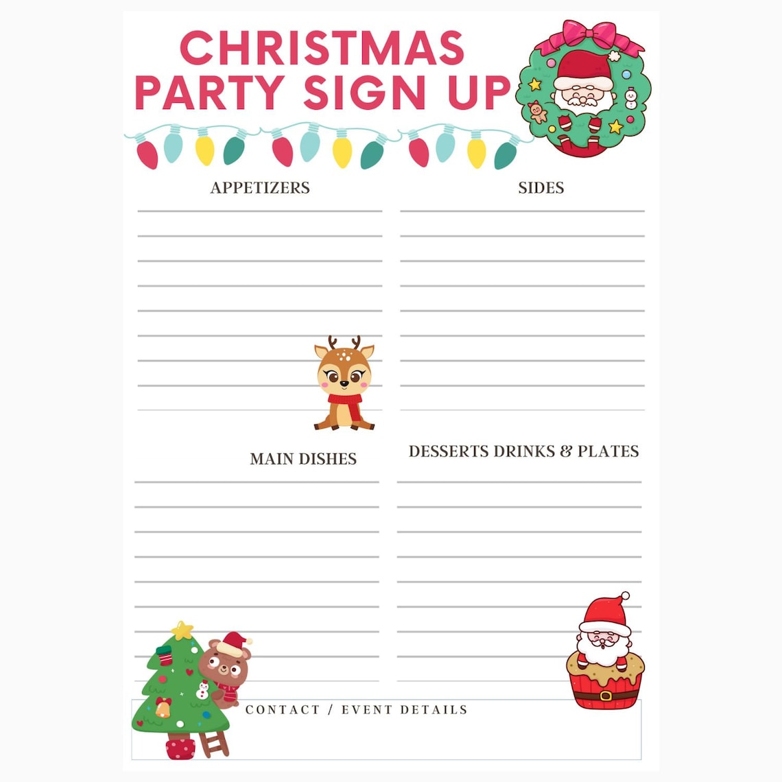 Printable Christmas Potluck Dinner and Party Sign up Sheet Pdfs - Etsy