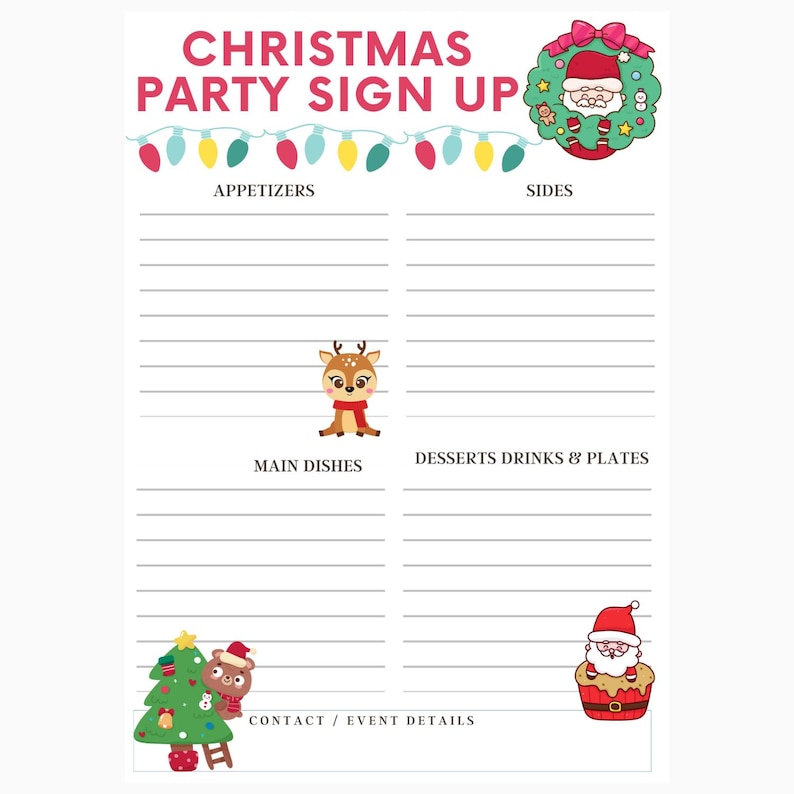 Printable Christmas Potluck Dinner and Party Sign up Sheet Pdfs - Etsy