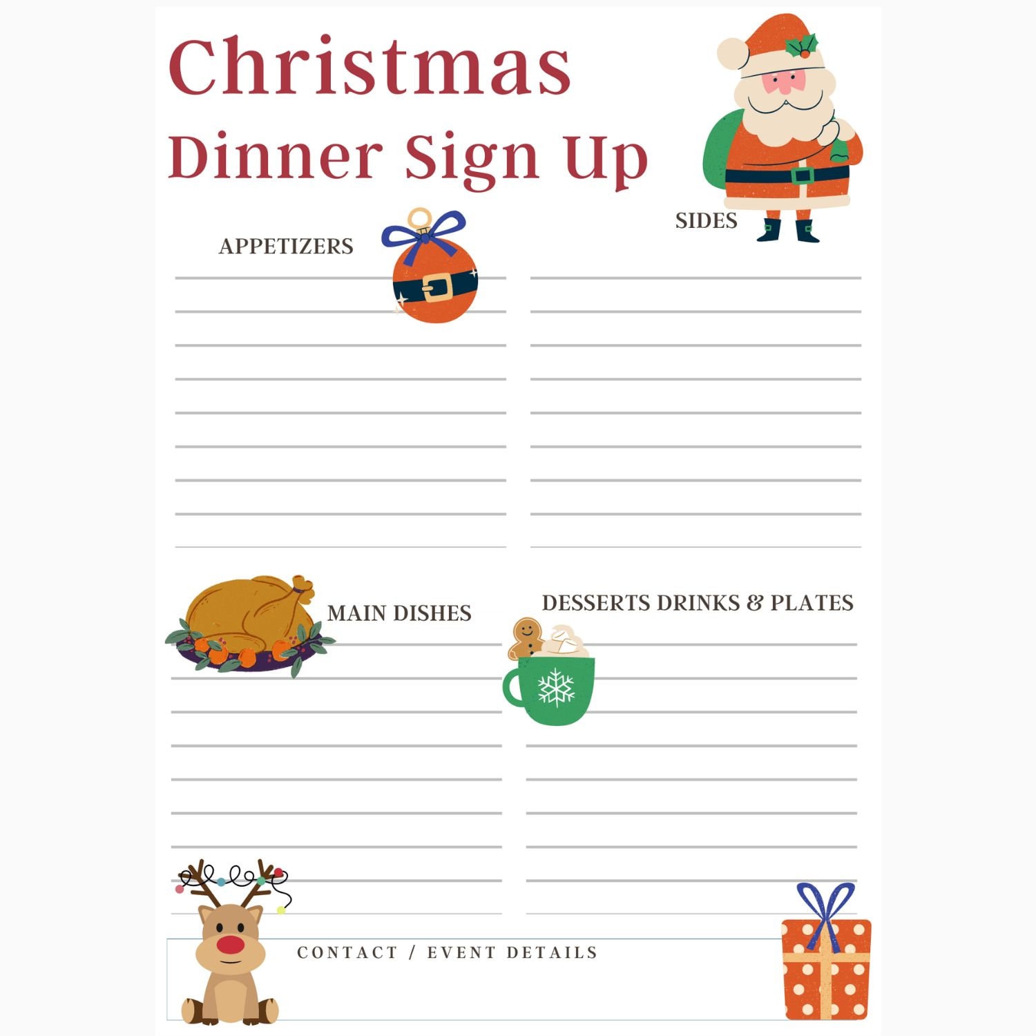 Printable Christmas Potluck Dinner and Party Sign up Sheet Pdfs - Etsy