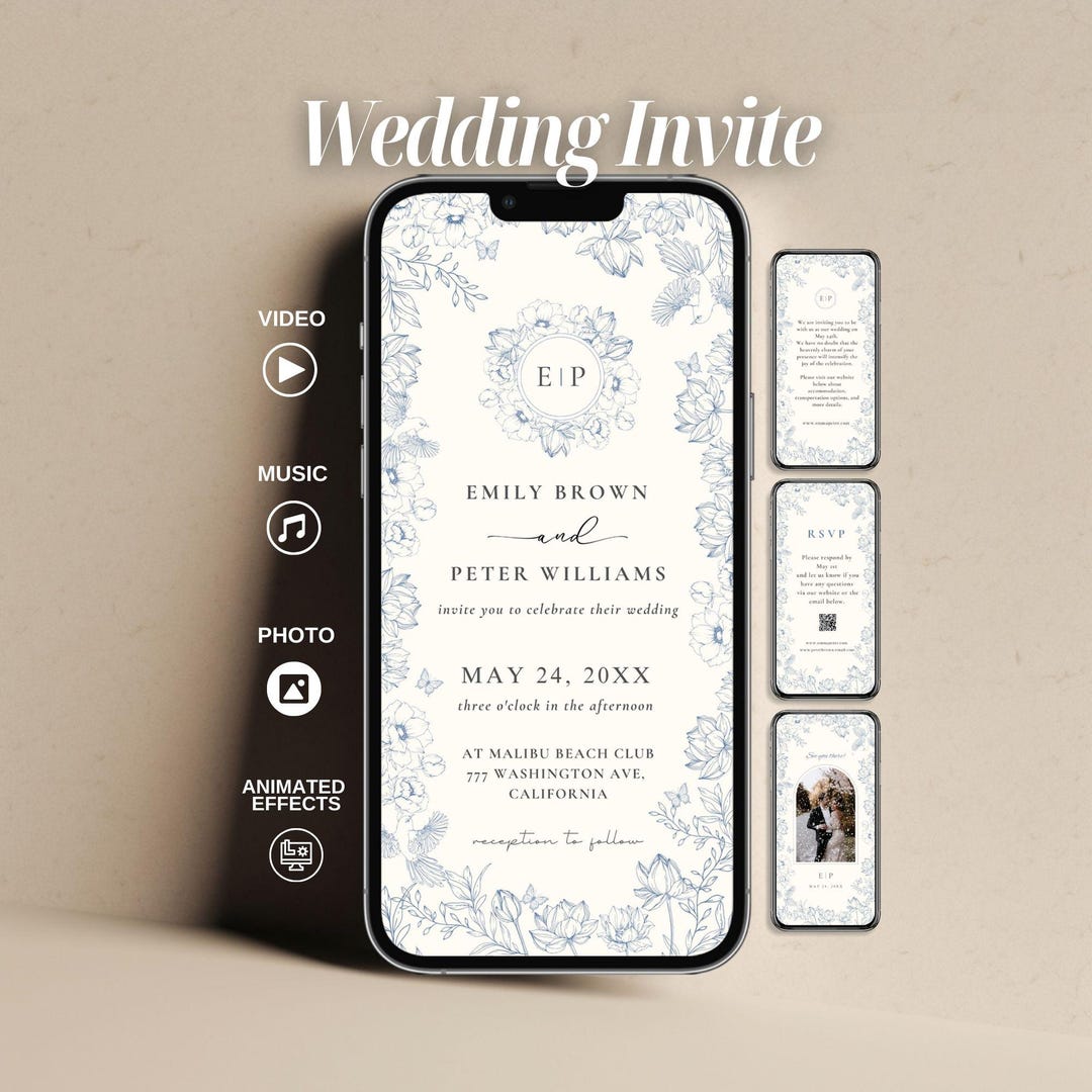 Animated Floral Toile Wedding Invitation Video Template (digital ...