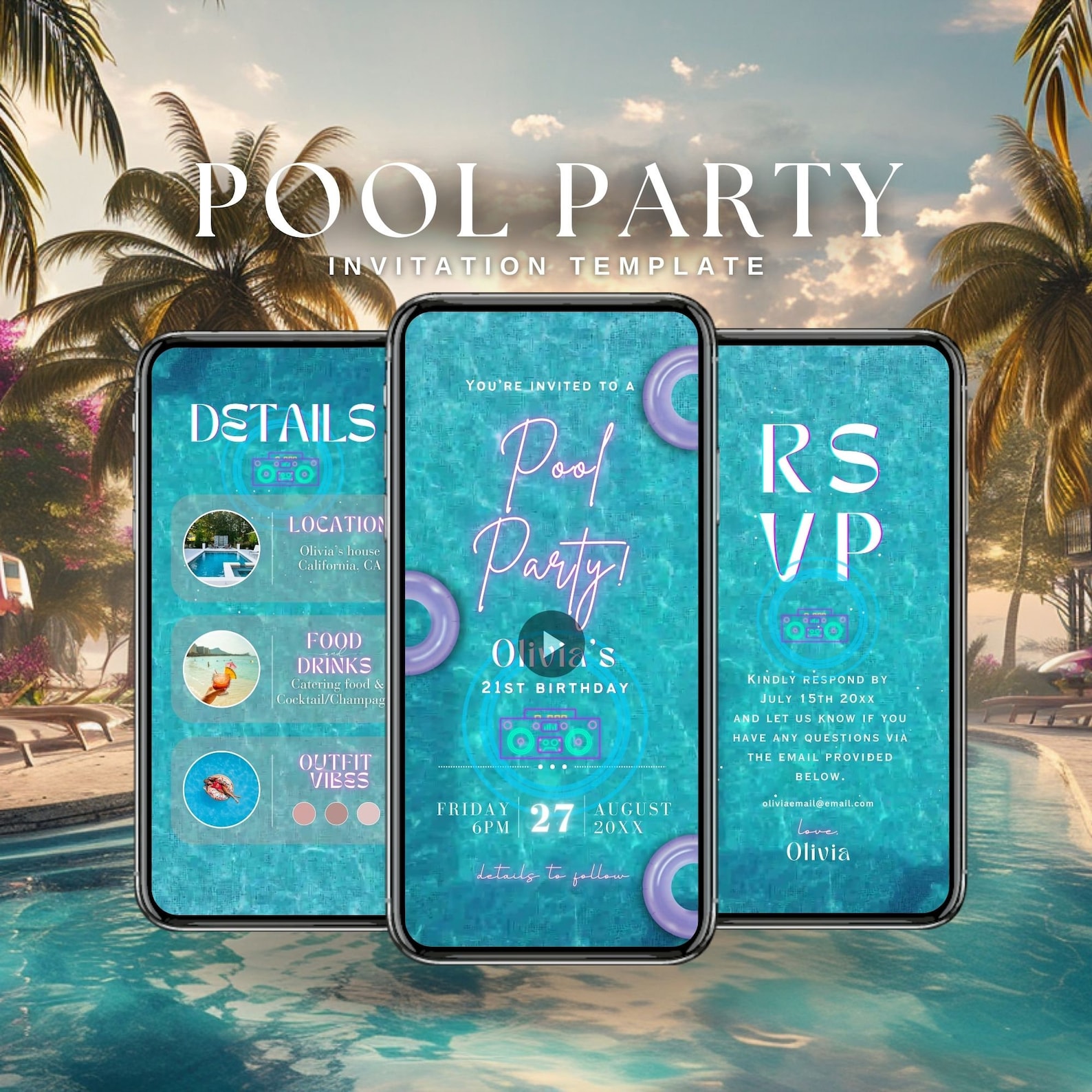 Editable Pool Party Invitation Template: Animated Music Video (digital ...