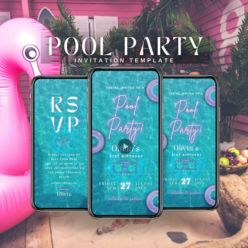 Editable Pool Party Invitation Template: Animated Music Video (digital ...
