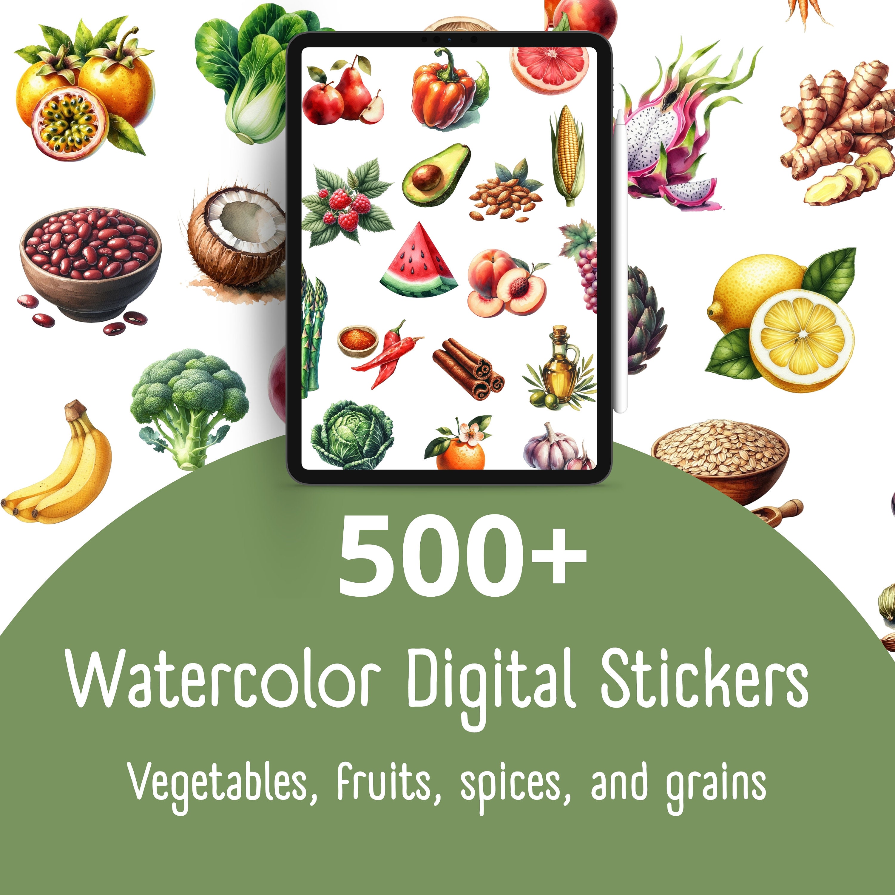 500+ Vegetables, Fruits and Spices, Stickers Clip Art, Watercolor ...