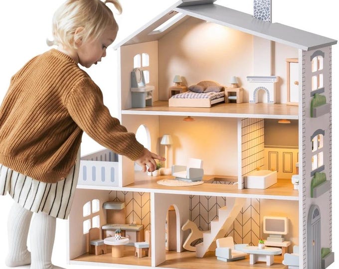 Wooden Dollhouse With 6 Rooms and 29 Realistic Accessories - Nordic ...