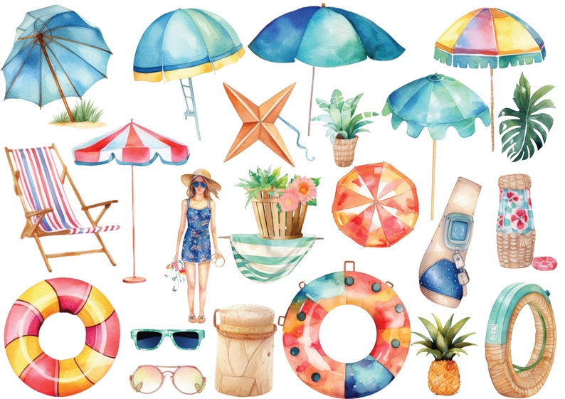 Watercolor Pool Party Summer Clipart Collection Beach Party - Etsy