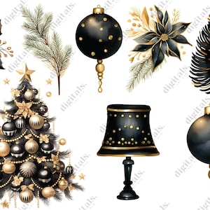 Black & Gold Christmas Clipart Watercolor Bundle, Watercolor Christmas ...