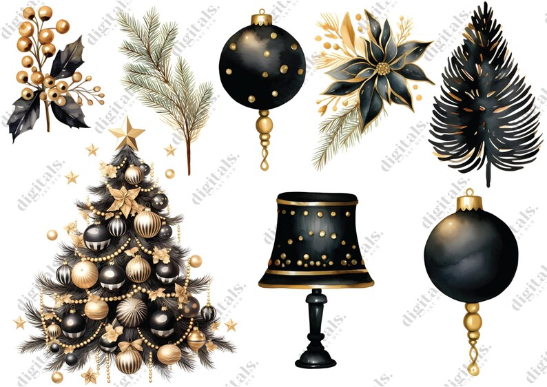 Black & Gold Christmas Clipart Watercolor Bundle, Watercolor Christmas ...