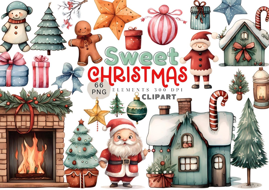 Sweet Christmas Watercolor Clipart, Doodle Winter Christmas Clipart ...