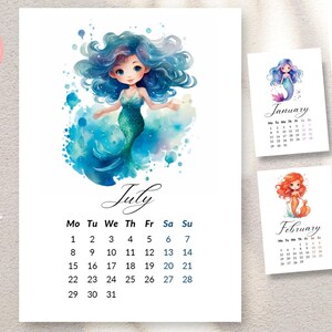 2024 Marmaid Calendar Printable, Ocean Cute Siren Calendar 2024, 12 ...