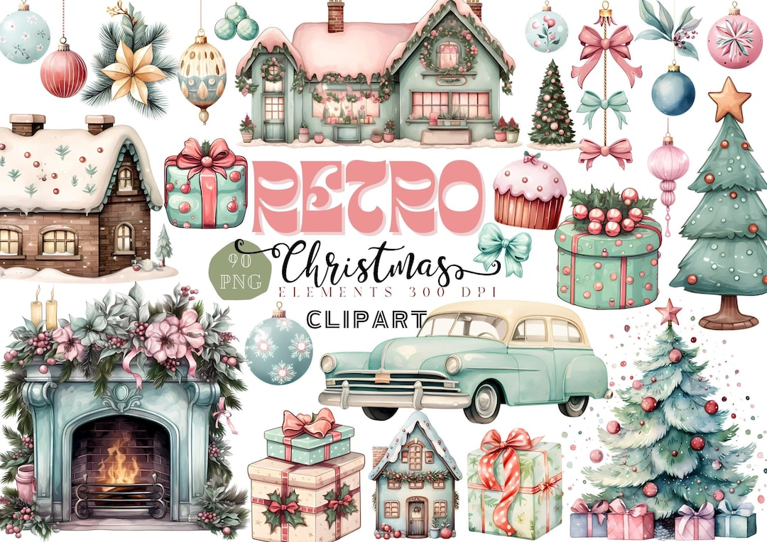 Retro Christmas Clipart Bundle, Watercolor Groovy Christmas SVG ...