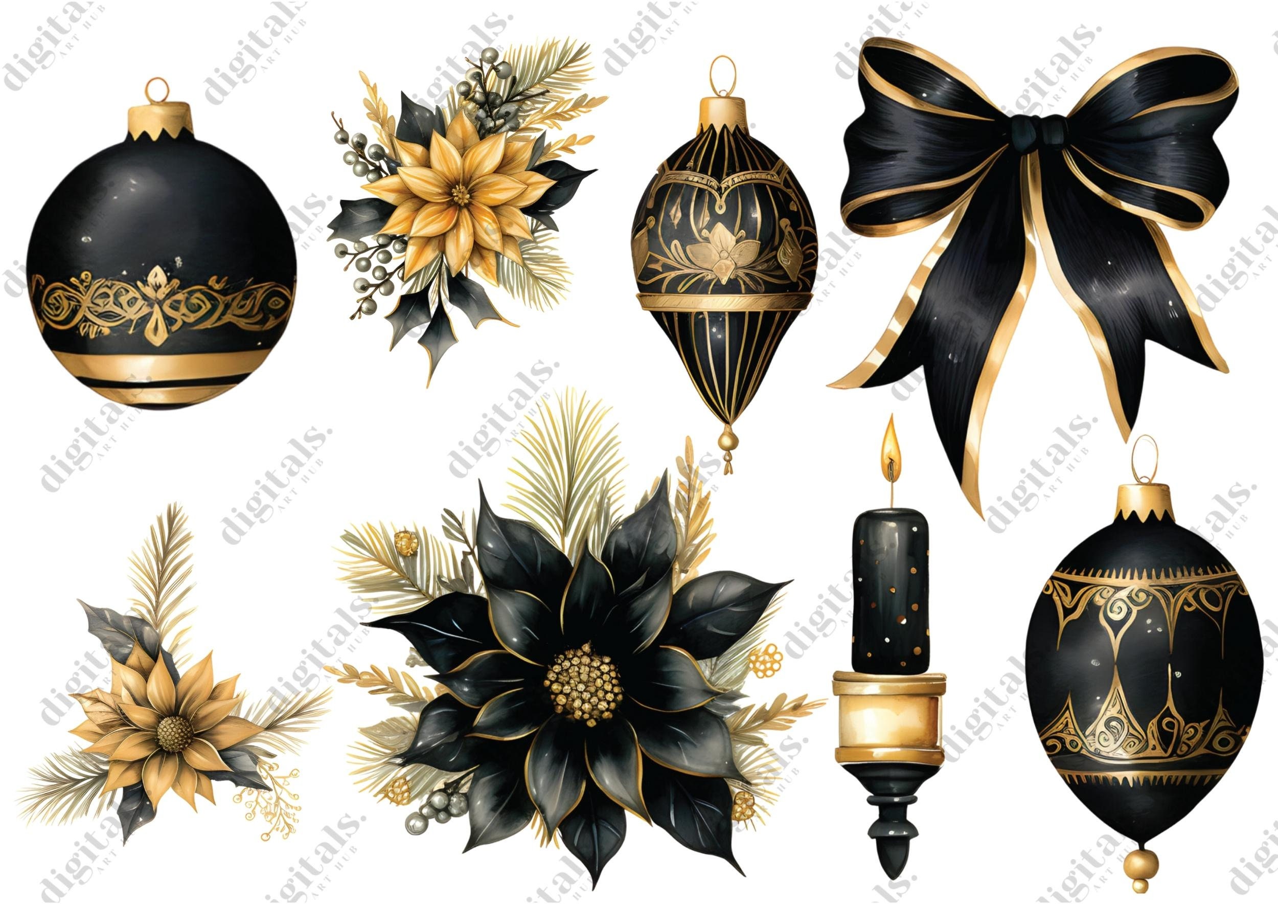 Black & Gold Christmas Clipart Watercolor Bundle, Watercolor Christmas ...