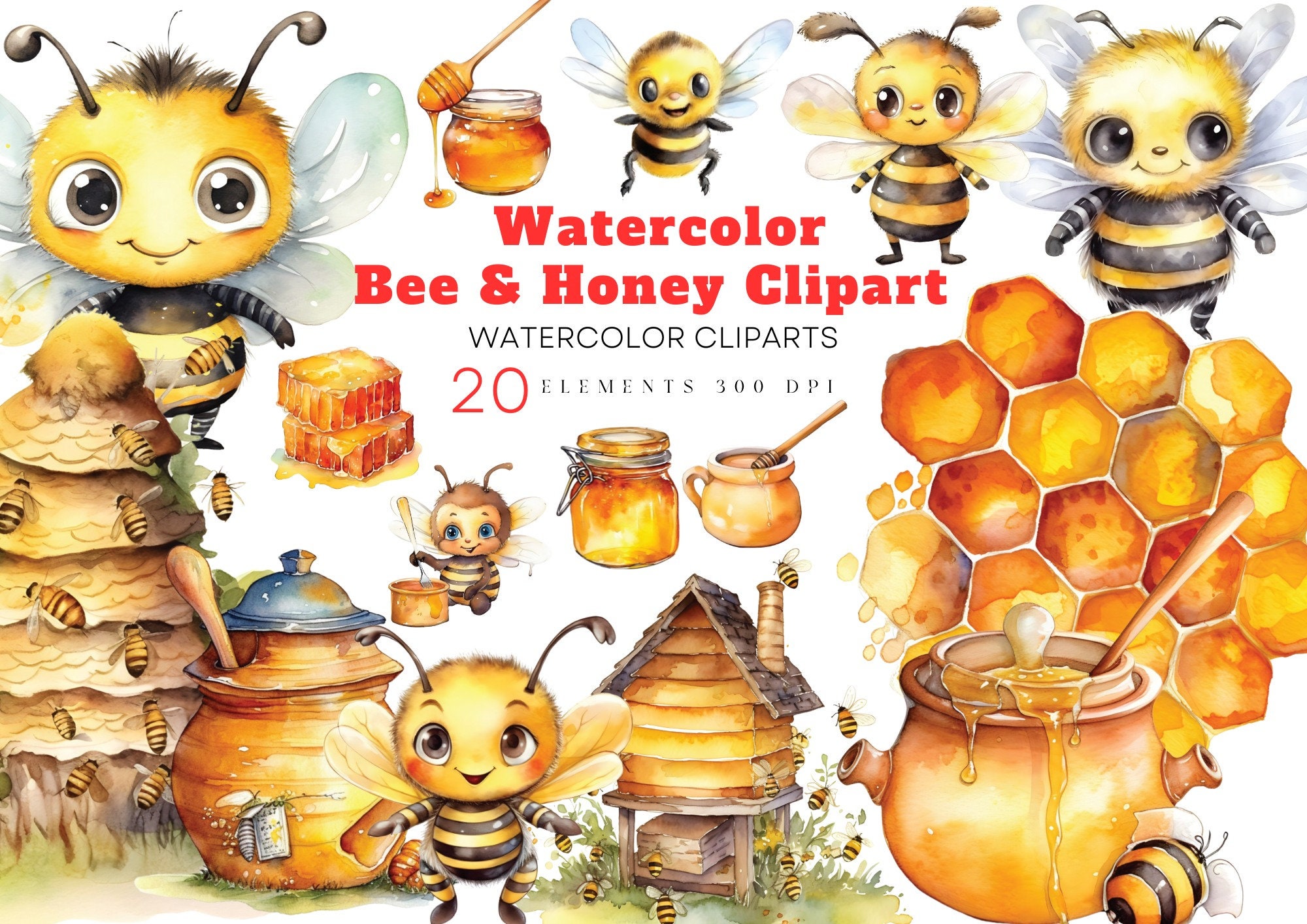 Watercolor Bee Clipart Cute Bees Clip Art PNG Instand - Etsy