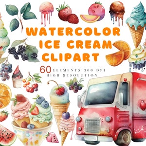 Watercolor Ice Cream Clipart, Summer Clipart, Ice Cream Truck Clip Art ...