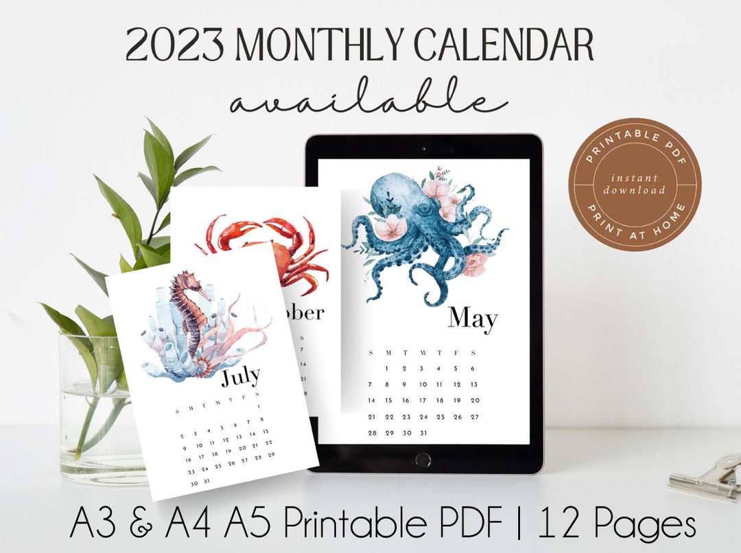 2023 Printable Calendar, Ocean Calendar 2023, Minimalist 12 Month ...