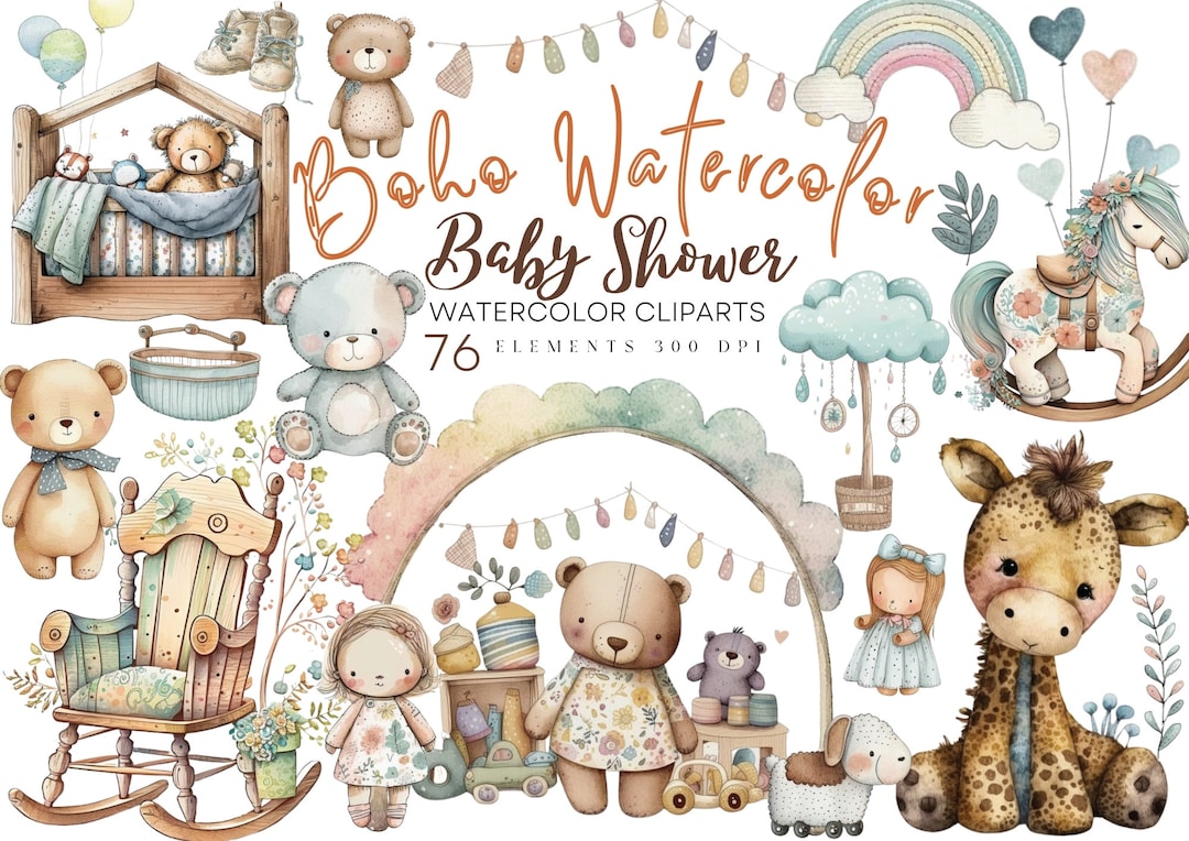 Boho Baby Shower Clipart, Watercolor Clipart Bundle, Nursery Decor PNG ...