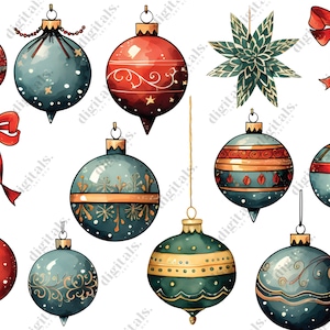 Christmas Ornament Watercolor Clipart, Traditional Holiday Christmas ...