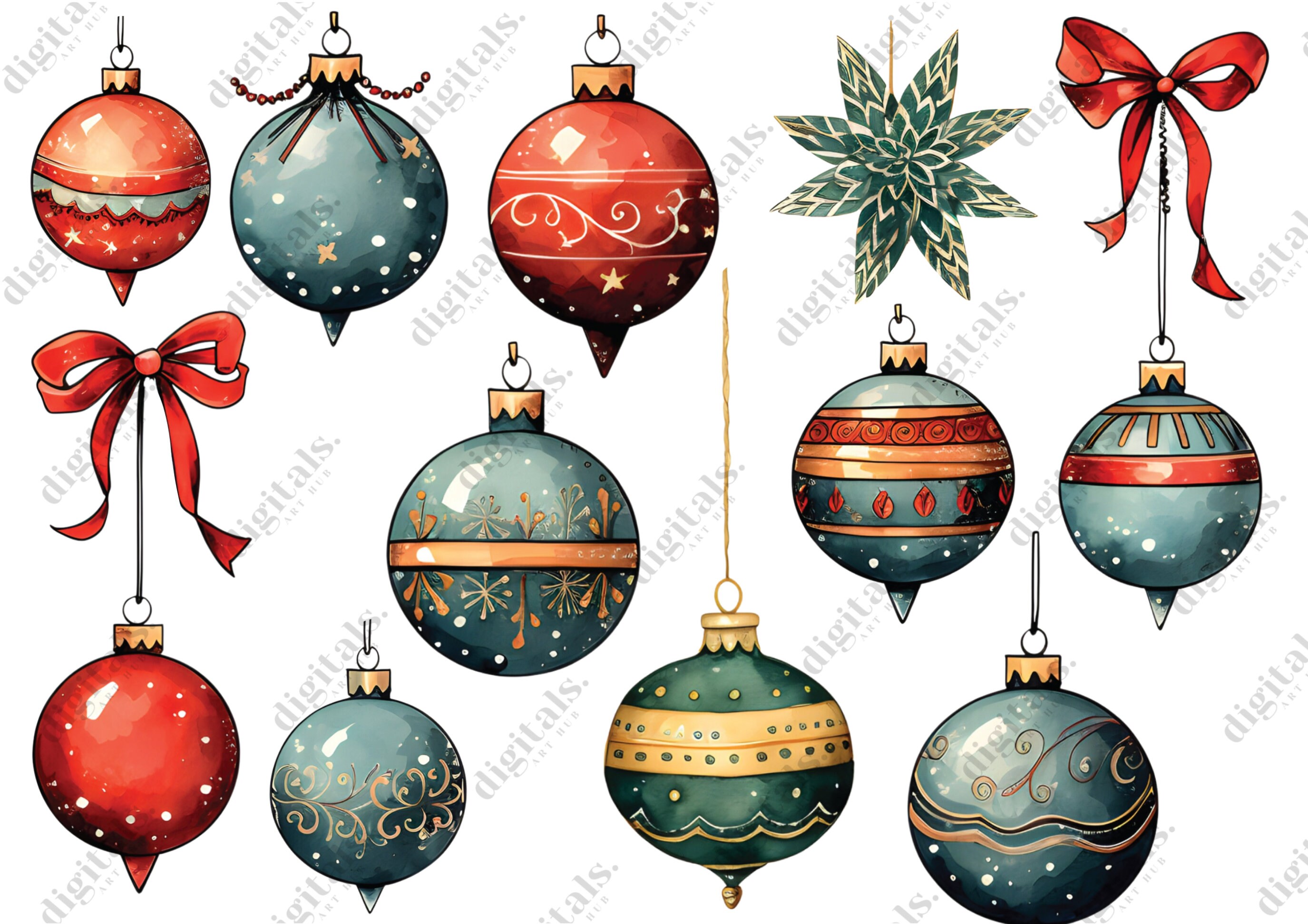 Christmas Ornament Watercolor Clipart, Traditional Holiday Christmas ...