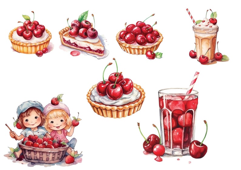 Watercolor Cherry Clipart, Red Fruit Clipart PNG, Instant Download ...
