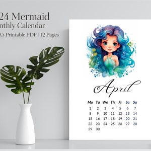 2024 Marmaid Calendar Printable, Ocean Cute Siren Calendar 2024, 12 ...