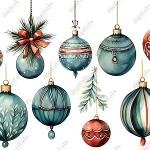 Christmas Ornament Watercolor Clipart, Traditional Holiday Christmas ...