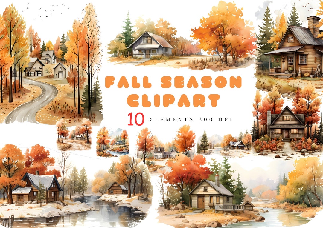 Watercolor Fall Decor Clipart, Landscape Autumn Designs, Cozy Fall Clip ...