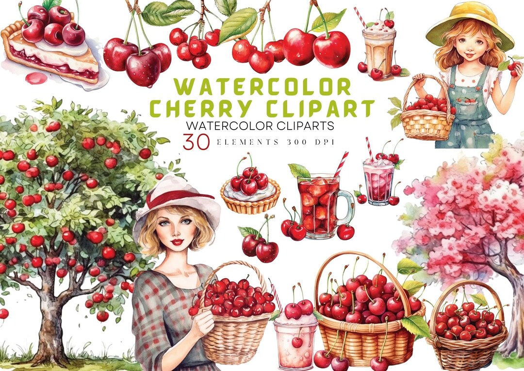 Watercolor Cherry Clipart, Red Fruit Clipart PNG, Instant Download ...