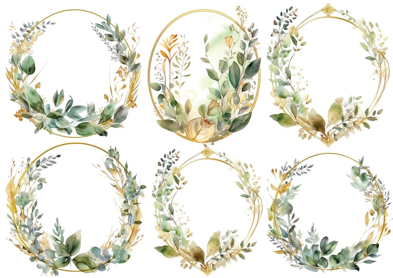 Watercolor Gold Frame Greenery Clipart PNG, Gold Frame Wedding ...