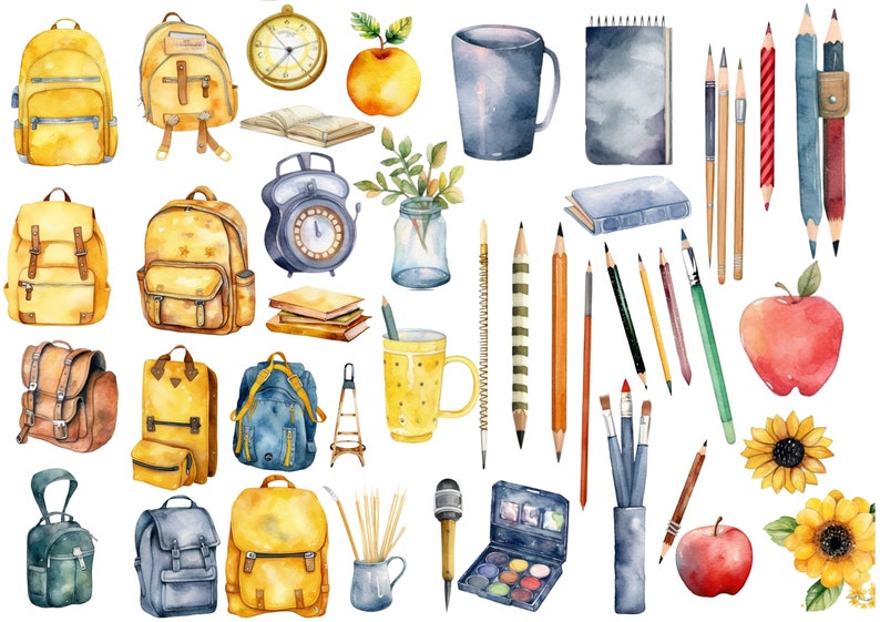 Watercolor Back to School Clipart, School Png Bundle for Creators ...