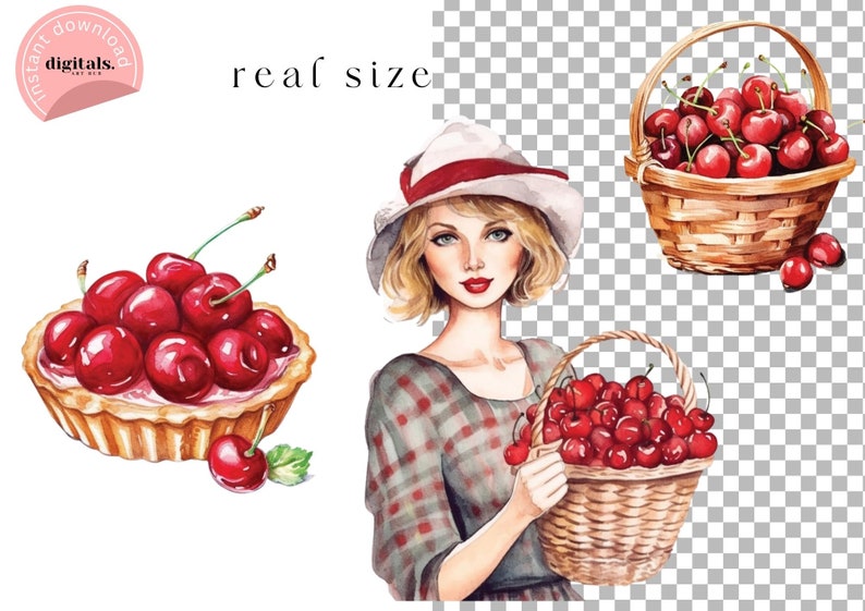 Watercolor Cherry Clipart, Red Fruit Clipart PNG, Instant Download ...