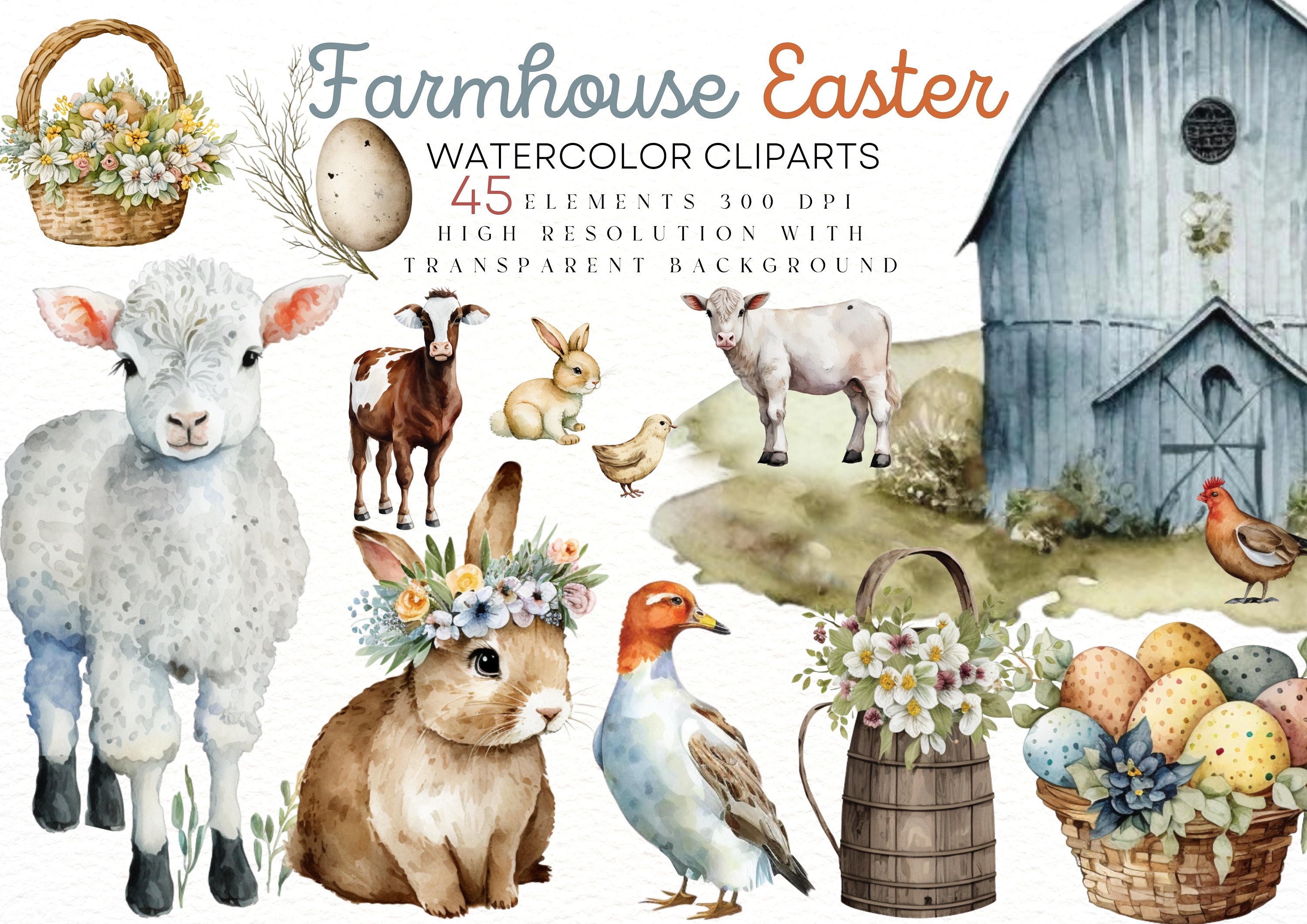 Watercolor Farmhouse Easter Clipart Rustic Farm Animals - Etsy