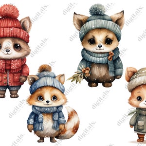Cute Christmas Fox Clipart Bundle, Watercolor Winter Fox PNG, Woodland ...
