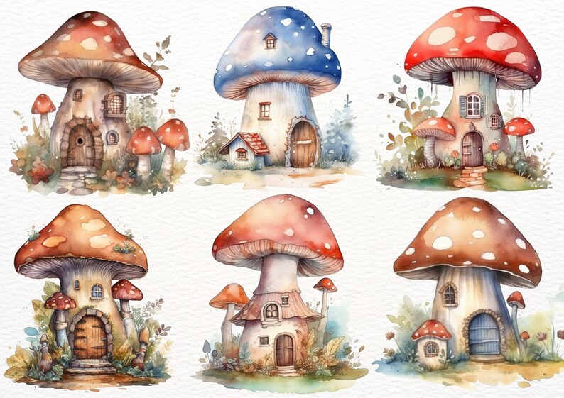 Watercolor Mushroom House Clipart, Fairy Toadstool House PNG, Mushroom ...