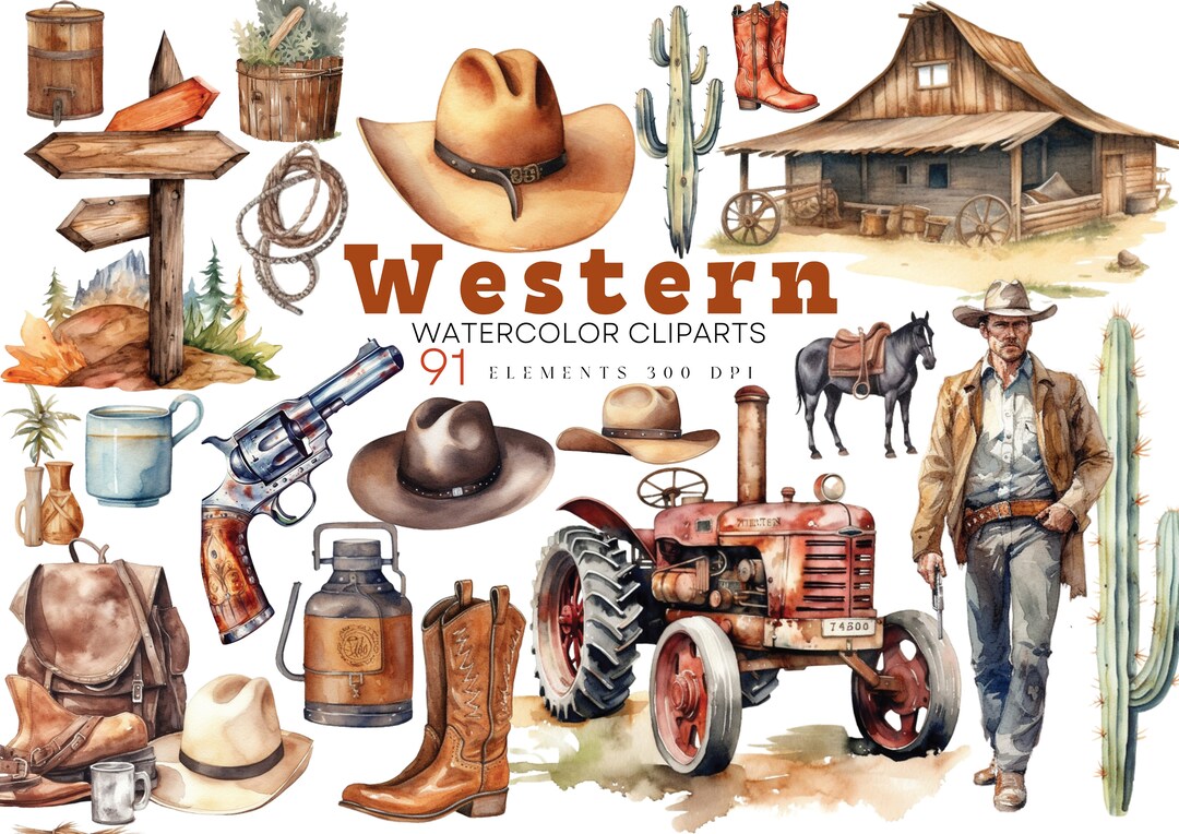 Watercolor Western Clipart, Horse Clipart Cowboy Western Texas Bundle ...
