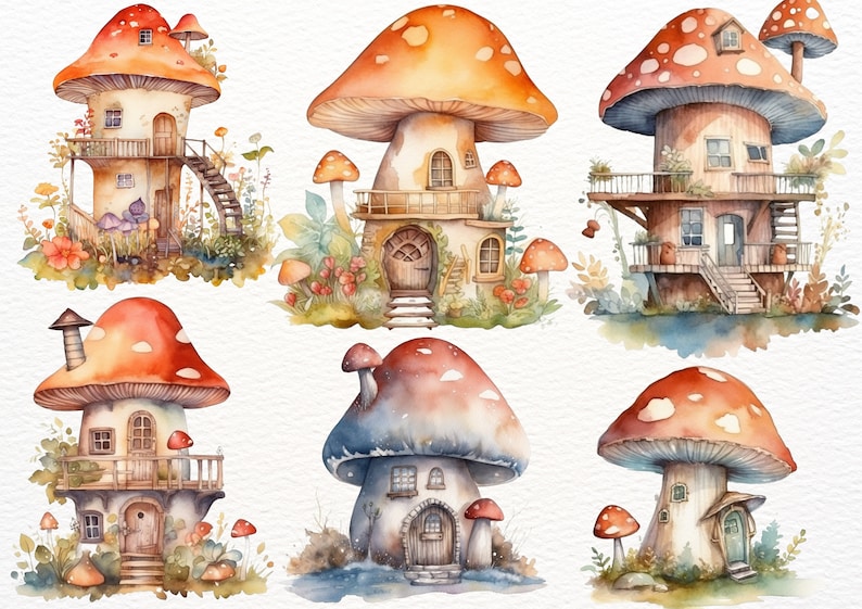 Watercolor Mushroom House Clipart, Fairy Toadstool House PNG, Mushroom ...