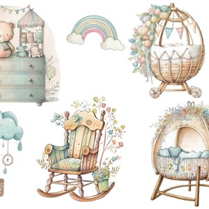 Boho Baby Shower Clipart, Watercolor Clipart, Nursery Decor PNG Clipart ...