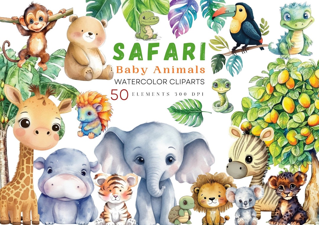 Watercolor Baby Safari Animals Clipart, Baby Animals Clipart PNG ...