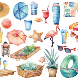 Watercolor Pool Party Summer Clipart Collection, Beach Party Clipart ...