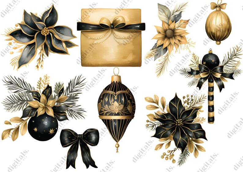 Black & Gold Christmas Clipart Watercolor Bundle, Watercolor Christmas ...