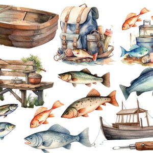 Watercolor Fishing Clipart, Fathers Day Fishing Clipart Bundle, Fish ...