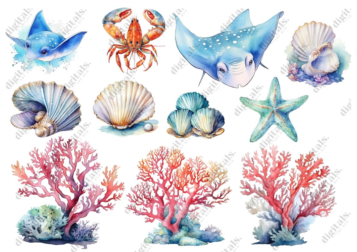 Under the Sea Watercolor Clipart, Cute Sea Creatures, Insant Download ...