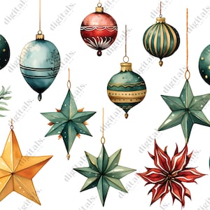 Christmas Ornament Watercolor Clipart, Traditional Holiday Christmas ...