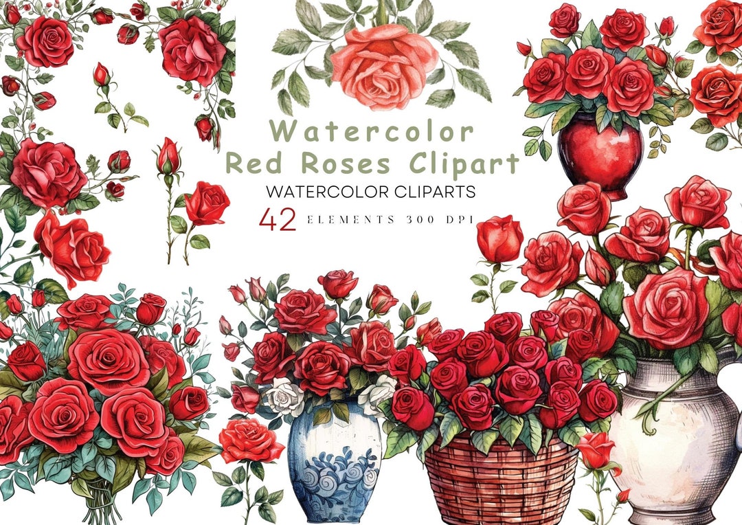 Watercolor Red Roses Clipart, Watercolor Flowers, Roses and Leaves ...