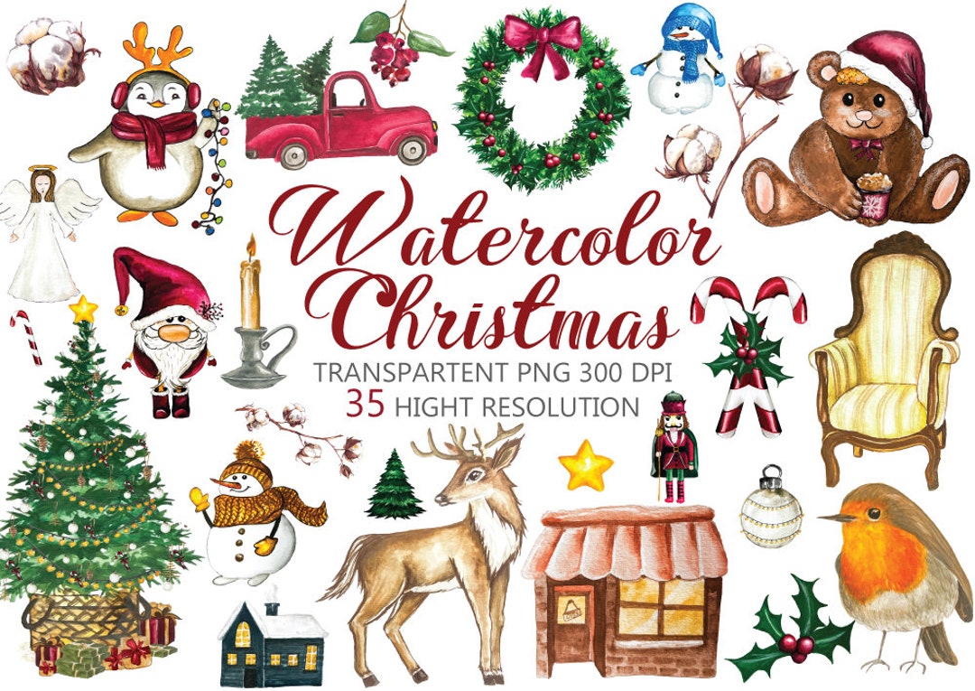 Christmas Clipart Watercolor, Classic Christmas Digital Watercolor ...