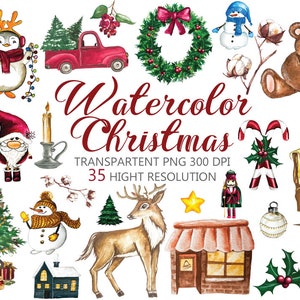Christmas Clipart Watercolor, Classic Christmas Digital Watercolor ...