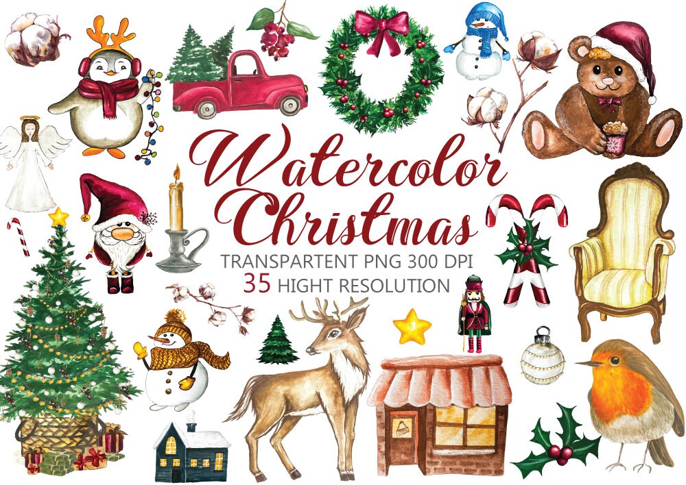 Christmas Clipart Watercolor Classic Christmas Digital - Etsy