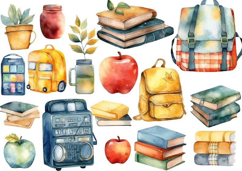 Watercolor Back to School Clipart School Png Bundle for - Etsy UK